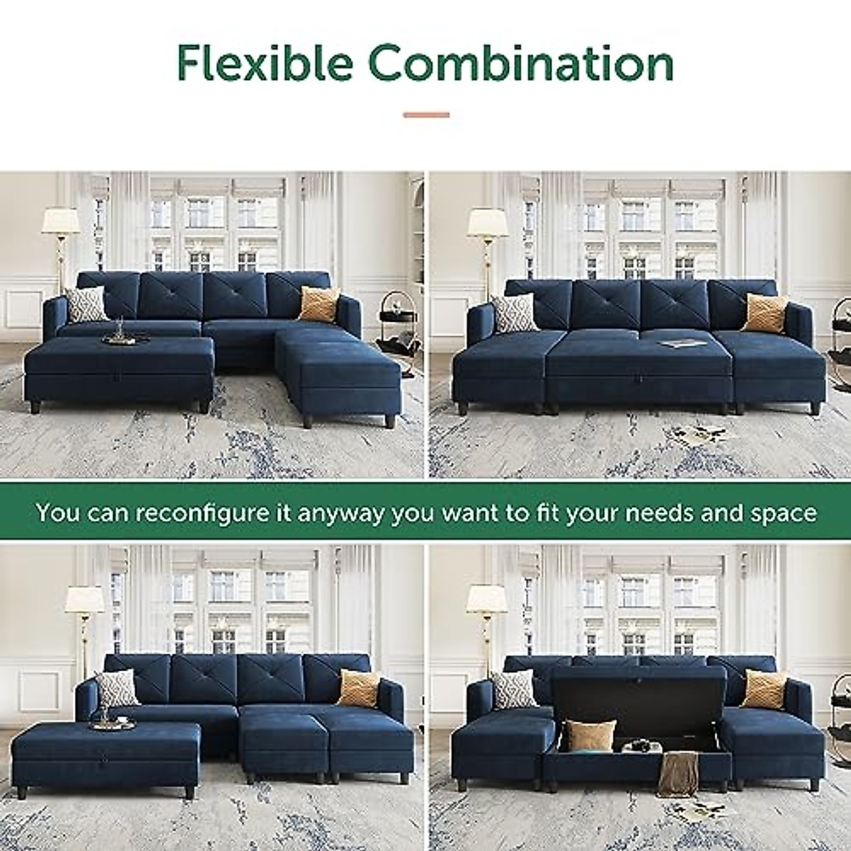 HONBAY Sleeper Sectional Sofa Set Velvet U Shaped Couch with Storage Ottoman 4-Seat Sectional Sofa Set for Living Room, Dark Blue