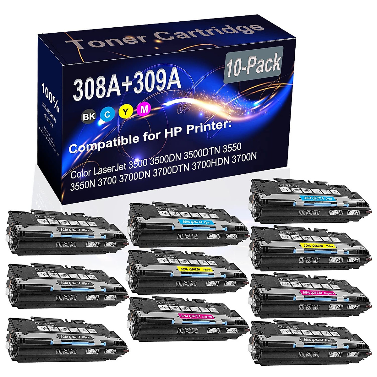 10-Pack (4BK+2C+2Y+2M) Compatible High Yield 308A 309A (Q2670A Q2671A Q2672A Q2673A) Printer Toner Cartridge use for HP 3500 3500DN 3500DTN 3550 3550N 3700 3700DN Printers
