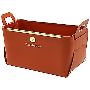 Vexixhouse Multipurpose Storage Organizer, Small Baskets for Organizing, Luxury Faux Leather Storage Box, Foldable Basket, Soft Organizer, Porch Organizer, Desktop Storage Box, Make up Organizer (Orange)
