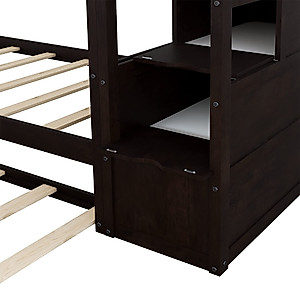 BIADNBZ Stairway Twin Over Twin Bunk Bed with Trundle and Storage Stairs, Solid Wood Bunkbed Frame for Kids Teens Adults Bedroom Dorm, Espresso