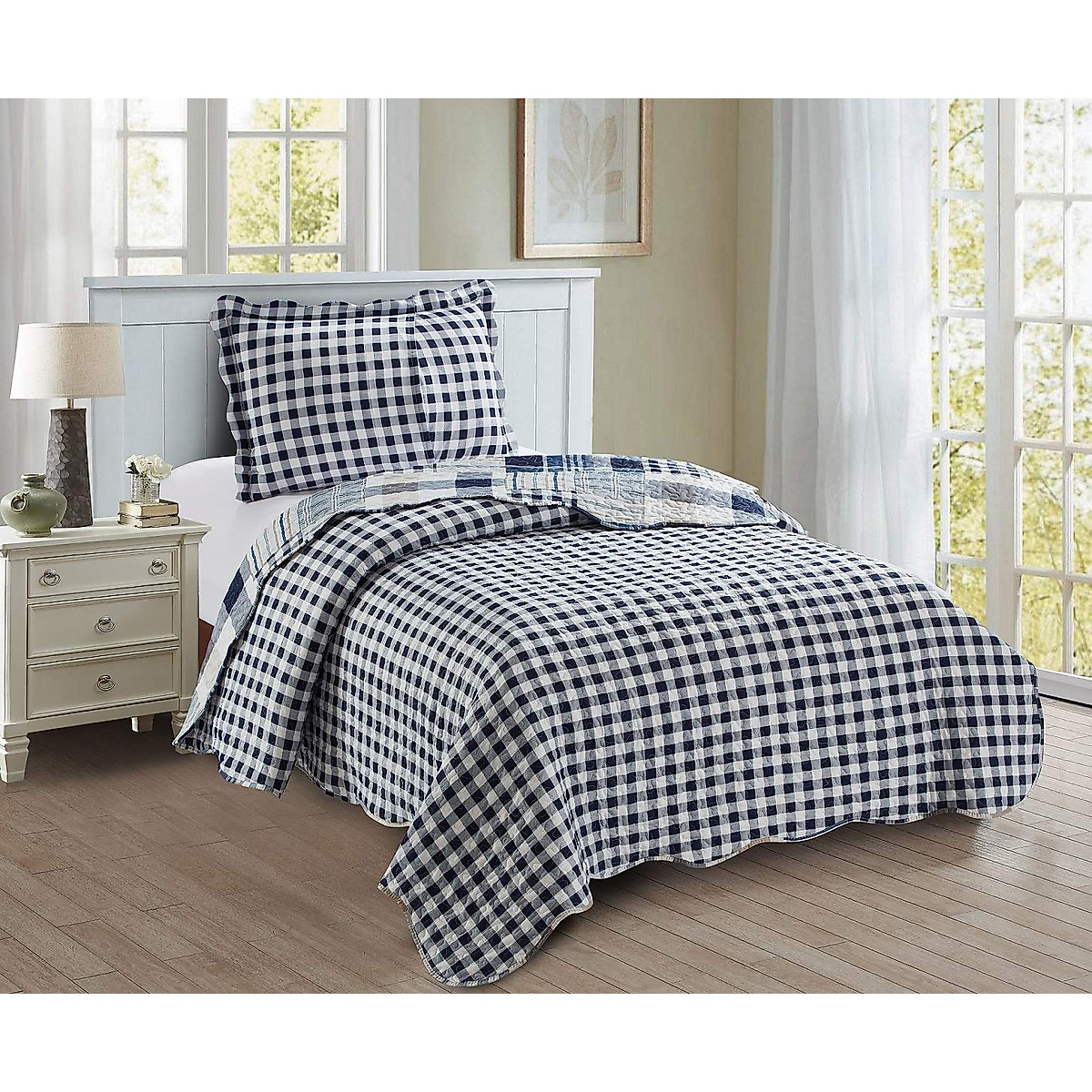 Brilliant Sunshine Plaids and Stripes Quilt Set, 2-Piece Bedding Sets with 1 Sham, Patchwork Design, Washable and Reversible Bedspread, Soft Lightweight Coverlet, All-Season, Twin/Twin XL, Blue