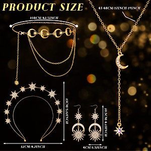 Glenmal 4 Pieces Halo Crown Moon Stars Necklaces and Body Chain Halo Headband Drop Earrings Halo Tiaras Headpiece for Women(Gold)
