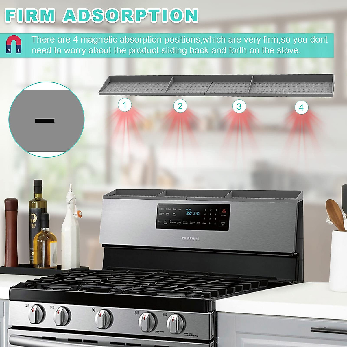 xingruyu 30 Inch Silicone Magnetic Stove Top Shelf, Magnetic Spice Rack Over the Stove, Condiment Storage Shelf, Heat Insulated Kitchen Gadgets, Zero Installation, Not Easy to Slide (Gray)