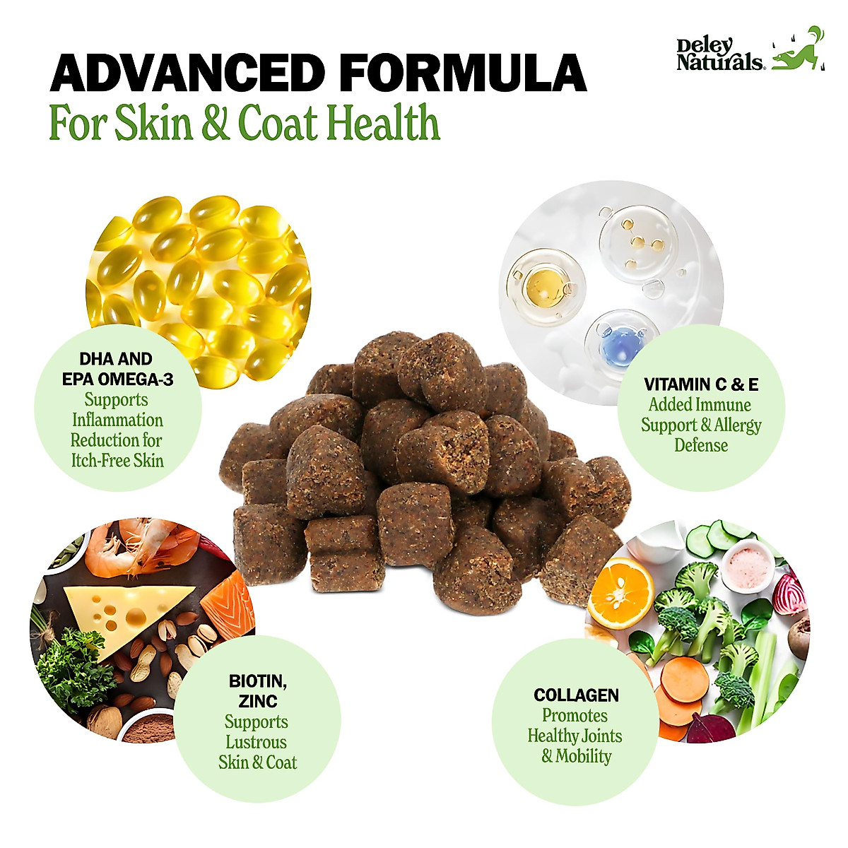 Deley Naturals Dog Allergy Chews - Omega 3 Fish Oil for Dogs with DHA & EPA, Biotin, Collagen, Vitamins C, E, & Zinc, Supports Shiny Coat - Dog Itching Relief Salmon Flavor - Dry Skin Relief for Dogs