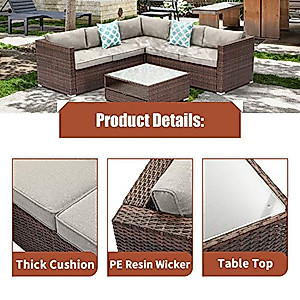 SUNBURY 4-Piece Outdoor Sectional Sofa Patio Furniture Set w Grey Thinck Cushions, Patio Conversation Set Outdoor Wicker Sofa w Tempered Glass Coffee Table, Waterproof Cover for Backyard
