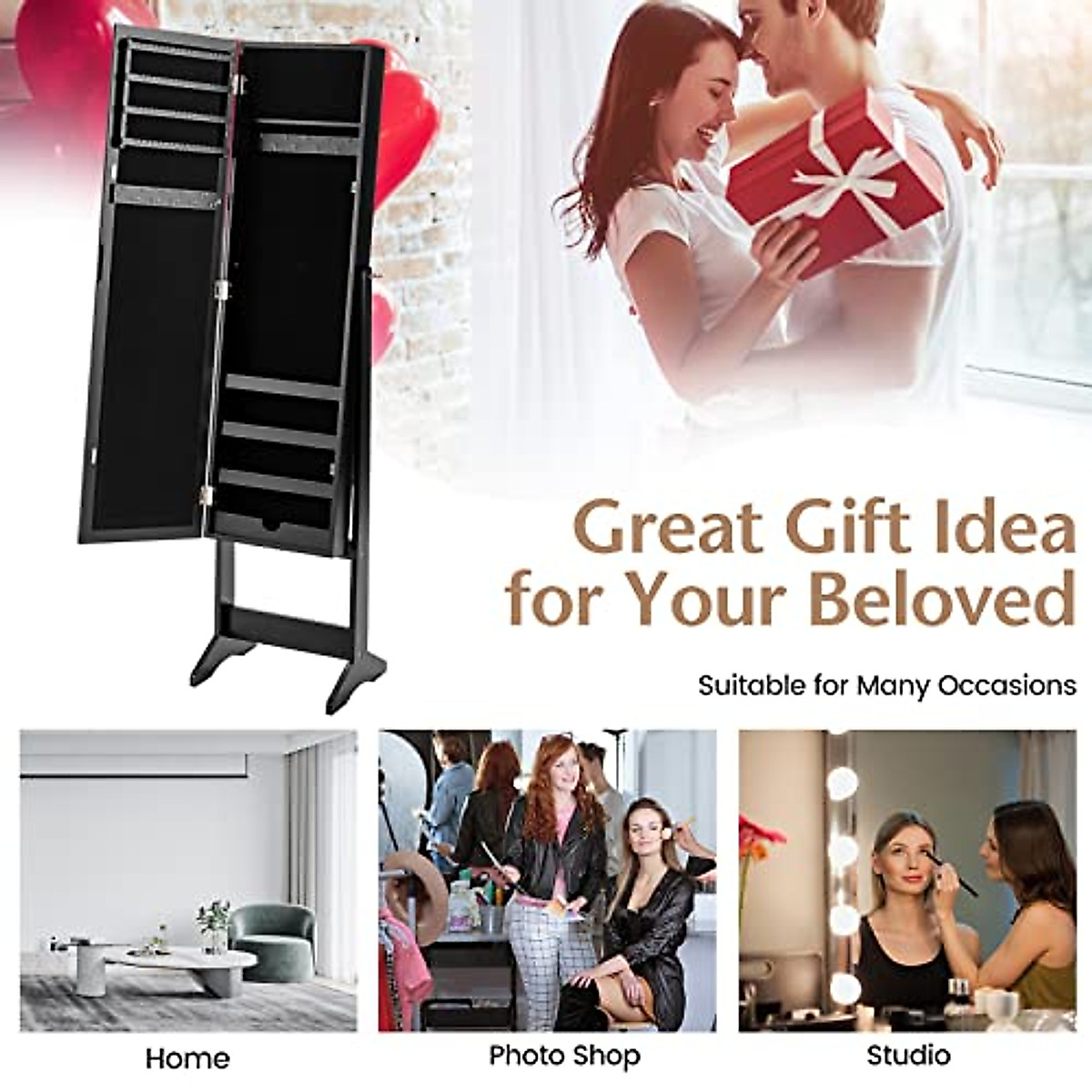 COSTWAY Jewelry Armoire Cabinet, Standing Jewelry Organizer with Full-length Mirror & 3 Adjustable Angles, Large Storage Capacity Jewelry Cabinet for Bedroom, Dressing Room (Black)