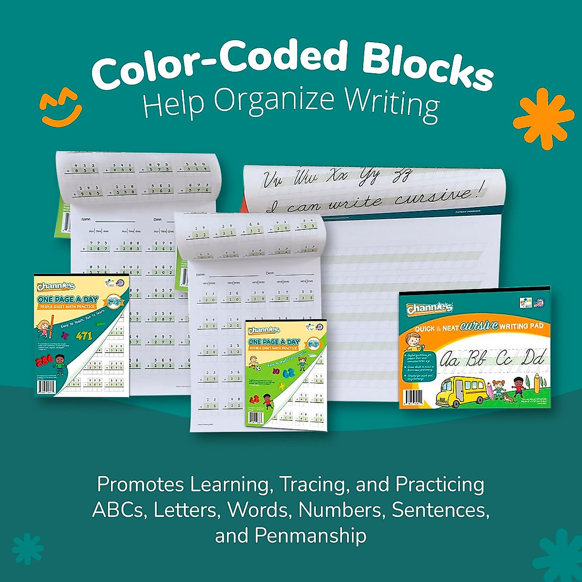 Best value Channie’s Visual Math, Handwriting, and Cursive Bonus Pack of 5 Separate Workbooks, Grades 1st – 3rd, Size 8.5” x 11” With FREE Alphabet Card