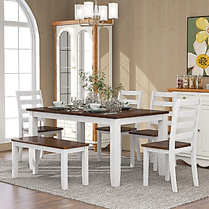 BIADNBZ 6-Piece Dining Table Set with 4 Upholstered Chairs & a Bench for Family,Walnut + Cottage White