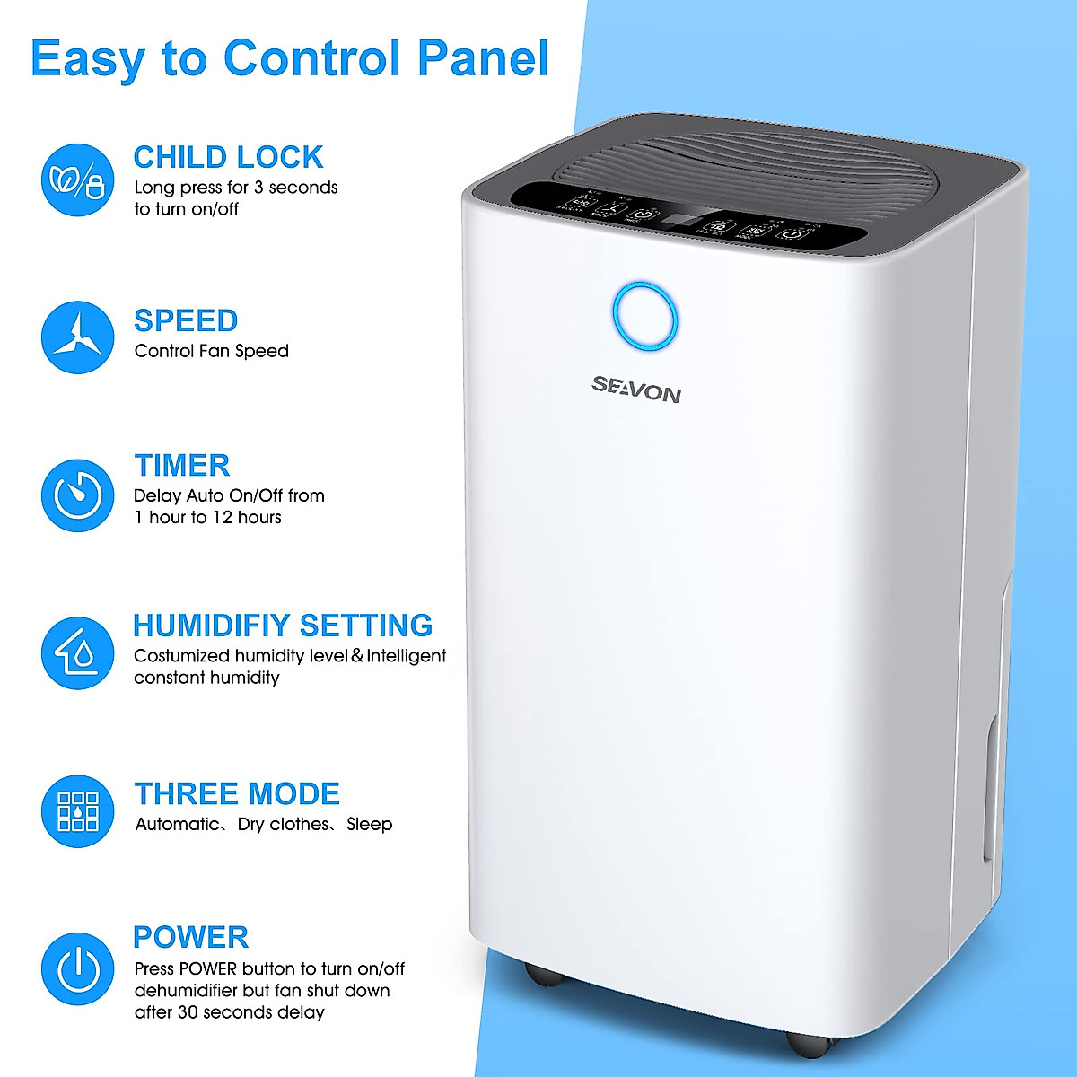 SEAVON 30 Pint Dehumidifiers for 2000 Sq. Ft Home Basement with Drain Hose, Dehumidifier with Auto and Manual Drainage,12 Hours Timer, Child Lock, Dry Clothes, Intelligent Humidity Control for Bedroom