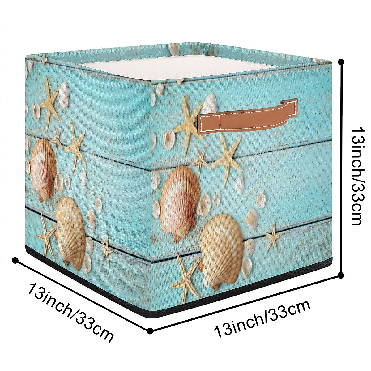 Summer Seashells Cube Storage Baskets Fabric Seashells Border on Sand Storage Bins Boxes Collapsible Organizer Bin with Handles for Shelves,Toys, Towels, Closet,Shelf Basket
