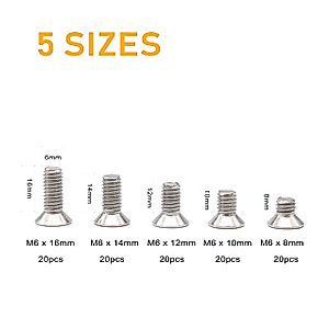 binifiMux 100pcs Flat Phillips Head M6 x 8mm/ 10mm/ 12mm/ 14mm/ 16mm 304 Stainless Steel Screws Kit
