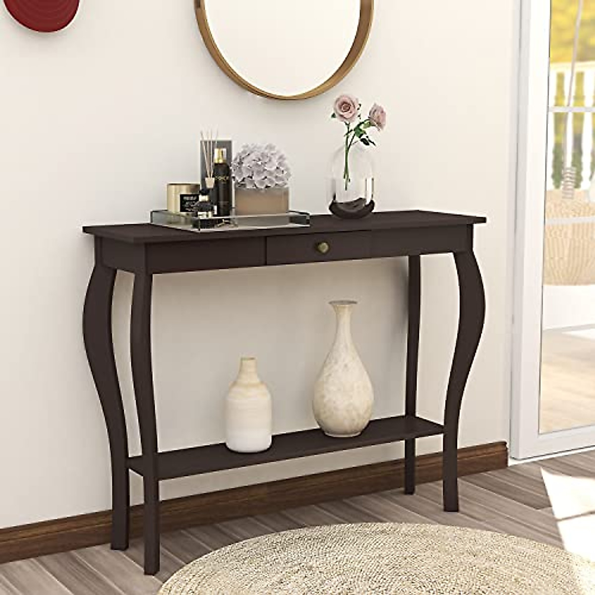 ChooChoo Narrow Console Table with Drawer, Chic Accent Sofa Entryway Table with Shelves for Entryway, Living Room, Hallway, Espresso