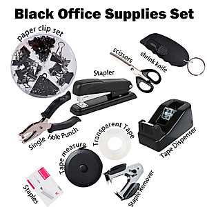 ChezMax Black Desk Accessory Kit Includes Stapler Staples Staple Remover Tape Dispenser Transparent Tape Scissors Push Pins Paper Clips Binder Clips Single Hole Punch Telescopic Knife Tape Measure