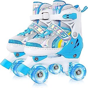 Nattork Girls Roller Skates for Kids Toddler, 4 Size Adjustable Rainbow Quad Skates with Light up 8 Wheels,Gift for Boys Kids Beginners Indoor Outdoor Blue S
