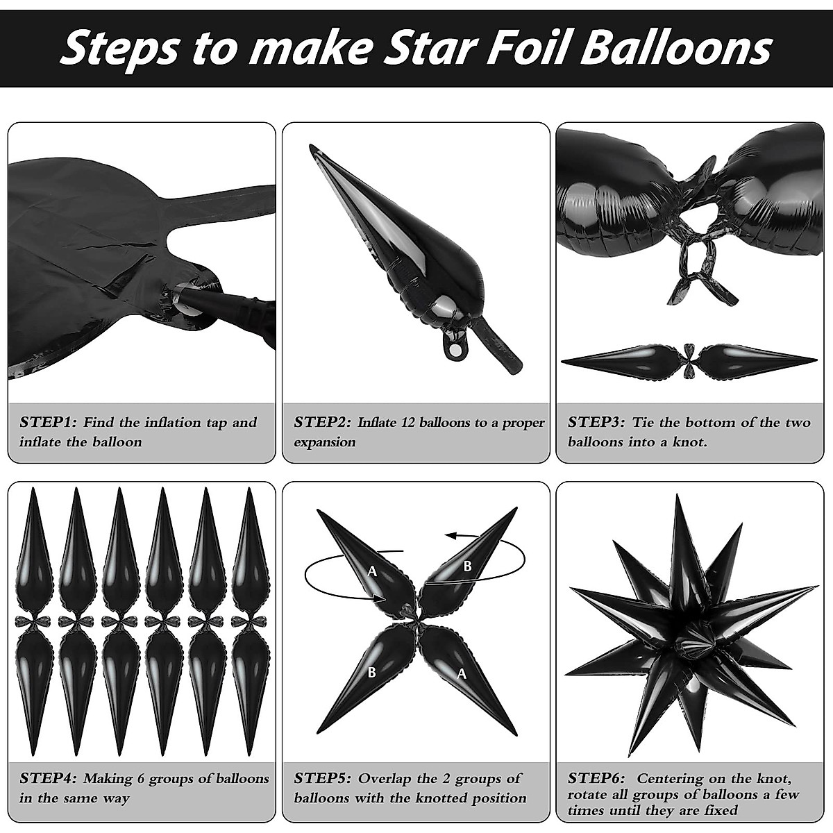 60 Pcs Black Star Balloons Explosion 12 Point Foil Cone Balloons Magic Starburst Balloons Large for Wedding Anniversary Backdrop Birthday Party Decorations