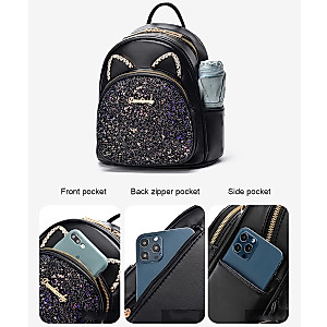 natyrlpog Mini Backpack for Women Cute Cat Ears Design, Leather Small Backpack Purse for Teen Girls with Sequin Decoration