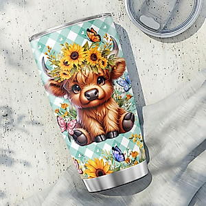 JENOIS Simply Flower Water Modern Handle Checkered Simple Sunflower Floral Cups, Highland Cow Gifts, Tumbler 20 Oz With Lid And Straw, Life Is Better Highland Cow