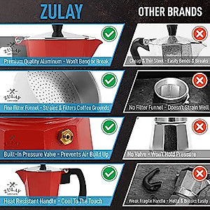 Zulay Classic Italian Style 6 Espresso Cup Moka Pot, Stovetop Espresso Maker for Great Flavored, Makes Delicious Coffee, Easy to Operate & Quick Cleanup Pot (Red)