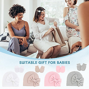 ZURLEFY Baby Girl Hats and Mittens Set for 0-6 Months, Newborn Hospital Hats with Bow for Infant Baby No Scratch Cotton Mittens Set(31-08)