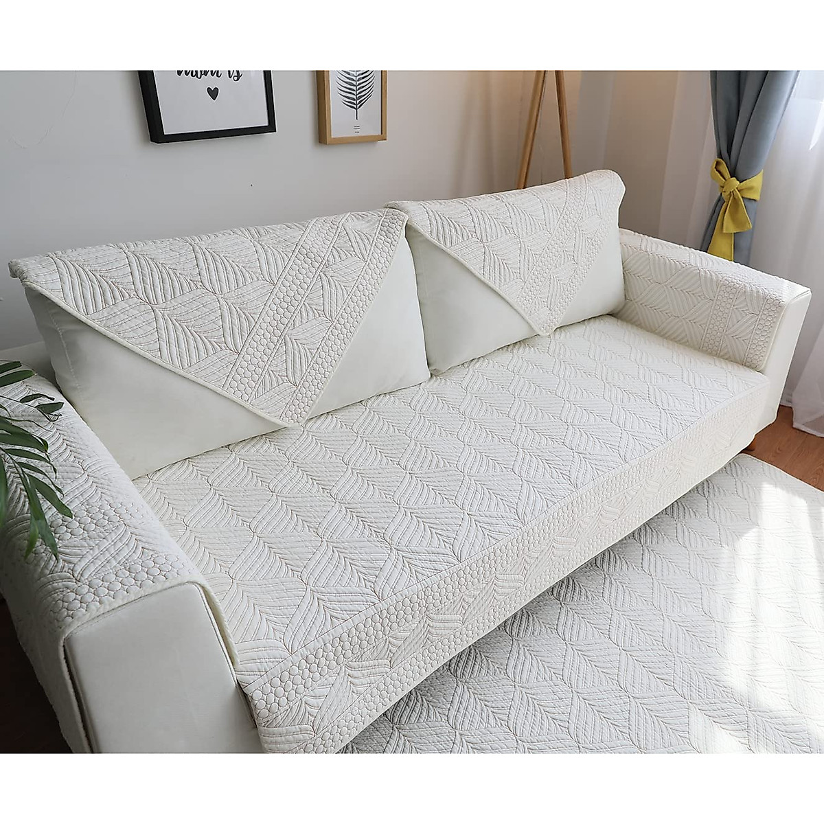 vctops Embroidered Cotton Quilted Sofa Cover Couch Covers Soft Sectional Couch Covers Sofa Slipcover for Dogs Cats Pet Love Seat Recliner Leather L Shaped, Armrest Backrest Cover(Cream SX,28"x28")