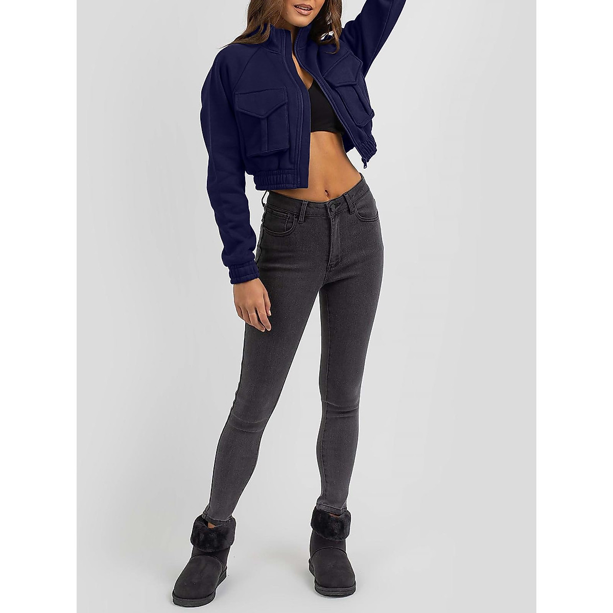 Fisoew Womens Cropped Jackets Casual Zip Up Long Sleeve Stand Collar Coat Outwear with Pockets Dark Blue