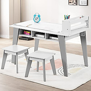 Kids Art Table, 2-In-1 Kids Craft Table and Art Table and Chair Set w/ 2 Stools and 3 Storage Drawers, Wooden Drawing and Painting Art Easel Set, Toddler Activity Table, Kids Arts and Crafts Ages 3-12