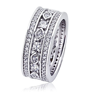 DoubleAccent Platinum Plated Sterling Silver Ring 1 CT Round CZ Stone Art Deco Design Wedding Band Eternity Ring (Size 5 to 9), 8