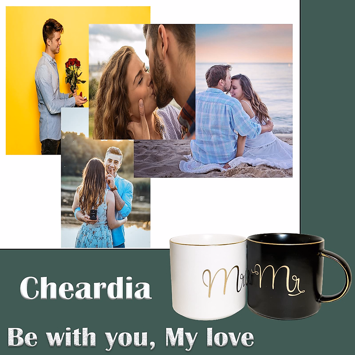 Cheardia 12 oz Mr and Mrs Mugs, Ceramic Coffee Mug Set Engagement Gifts for Couples, His and Hers Mugs for Bride and Groom, Anniversary, Valentines, Bridal Shower, Wedding, Black & White