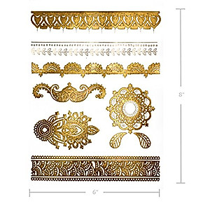 Terra Tattoos Gold Metallic Temporary Tats Geometric Henna Designs Waterproof Nontoxic Long Lasting Perfect for Beach, Festivals, & more! (Maya)