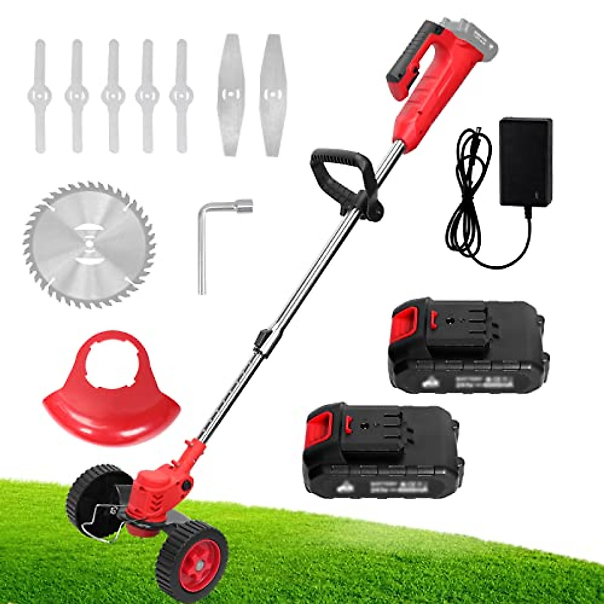 Xverycan Weed Wacker Cordless, 800W Electric Weed Eater, Garden Grass Trimmer with Battery, Charger, Wheels, Lightweight & Easy, Efficient Weeding, Red