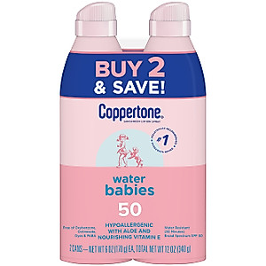Coppertone WaterBabies Sunscreen Spray, SPF 50 Baby Sunscreen, Spray On Sunscreen, 6 Oz, 2 Pack