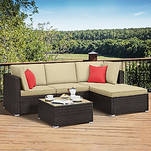 Yaheetech Patio Furniture Set, 5-Piece Outdoor/Indoor Rattan Wicker Sofa Set w/Glass-top Table & Cushions, All-Weather Conversation Lounge Set for Porch/Yard/Poolside/Balcony - Brown/Khaki