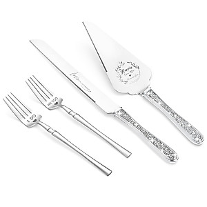 ROXBURGH Cake Cutting Set for Wedding, Wedding Cake Knife and Server set, Forks and Cutter Pie Spatula Rhinestones Studded Handle Birthday Anniversary Christmas of 4 (Silver)