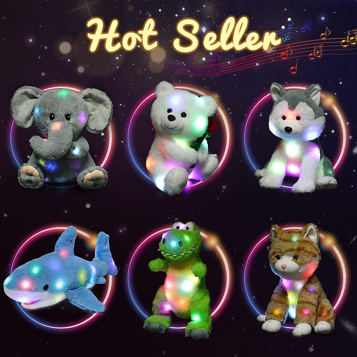 Hopearl LED Musical Stuffed Elephant Lighting Up Singing Plush Toy Adjustable Volume Lullaby Animated Soothe Birthday Festival for Kids Toddler Girls, Gray, 11''