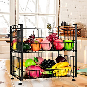 Fashionwu 2 Tier Fruit Basket with 4 Removable Banana Hangers, Fruit Bowl for Kitchen Counter, Kitchen Storage Organizer Holder for Fruit Vegetable, Black