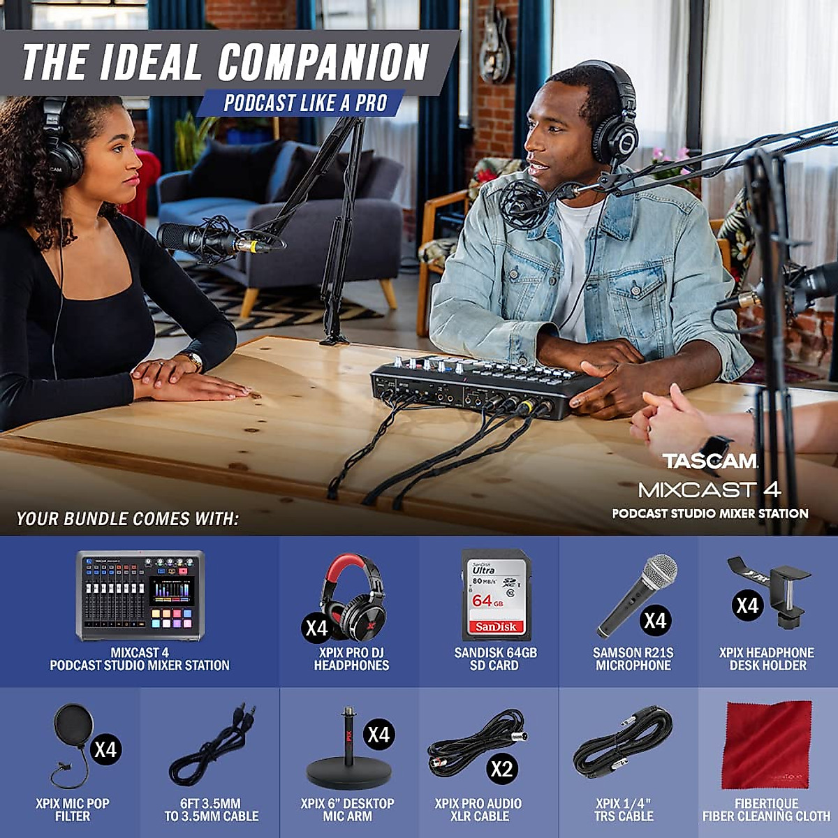 Tascam Mixcast 4 S Podcast Studio Mixer Station with Built-in Recorder/USB Audio Interface, 8 Sound-effect, Records 14 Tracks, comes w/ Deluxe 4S Accessories Bundle