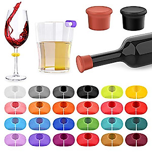 26Pcs Wine Glass Charms Tags with Bottle Stopper, Silicone Wine Glass Drink Markers for Bar Party Martinis Cocktail Champagne Stem Glasses