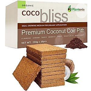Coco Bliss - Premium Coconut Coir Pith with Low EC and pH - 100% Organic and OMRI Listed Potting Soil Substrate for Plants, Seeds, and Gardens (250 Grams, 10 Blocks)