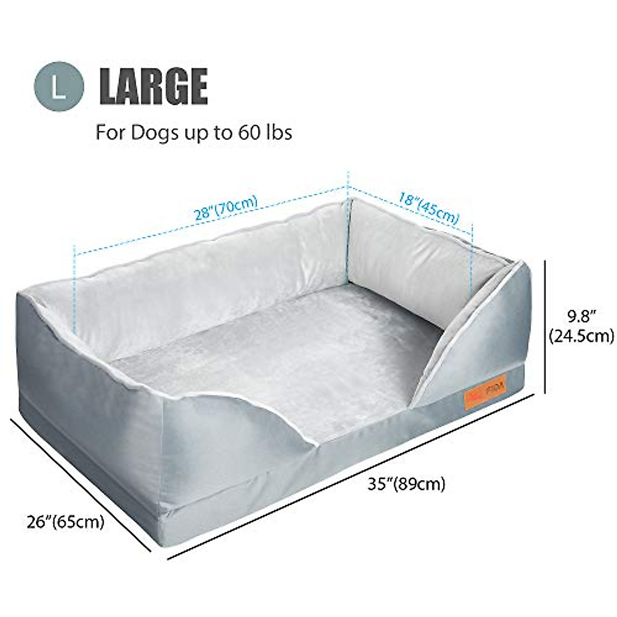Fida Orthopedic Dog Bed with Memory Foam Base - Dog Lounge Sofa with Removable Washable Cover, Pets Couch Beds for Small Dogs & Cats (Large, Grey)