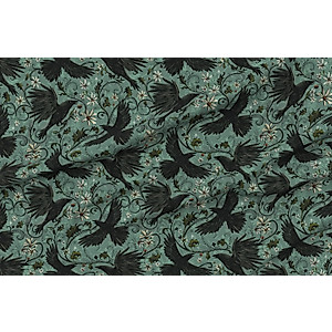 Spoonflower Fabric - Gothic Ravens Autumn Floral Halloween Bohemian Magic Dark Moody Corvid Printed on Denim Fabric by The Yard - Bottomweight Apparel Home Decor Upholstery