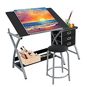 HomGarden Adjustable Drawing Desk Drafting Table Folding Art Craft Table Station w/Stool and 3 Storage Drawers