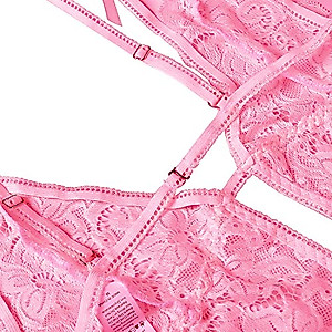 Donnalla Women's Deep V Lace Teddy One Piece Lingerie Cutout Strappy Lingerie, Pink, Medium