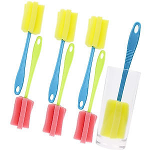 Mini Skater 6Pcs Sponge Cleaning Brush Long Plastic Handle Feeding Bottle Milk Bottle Cleaner Cup Cleaning Brush for Glass Winebottle Coffee Tea Glasses Pot Water Bottle,Random Color