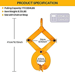 Pallet Puller Clamp 1T/2204LBS Pallet Jack Puller Steel Single Scissor Hook Puller, 5 Inch Jaw Opening Pallet Grabber Heavy Duty Forklift Material Handling Stump Puller Pulling Hoisting Wood-Yellow