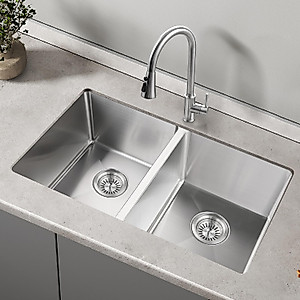 Daweier 30x17.9 Inch Handmade Undermount Double Bowl Kitchen Sink, 304 Stainless Steel, Heavy Duty Commercial Grade