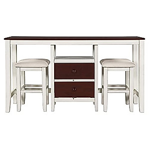 JIVOIT 3-Piece Counter Height Dining Table Set with 2 Storage Drawers and 2 Upholstered Stools, Open Shelve, Farmhouse Rustic Wooden Bar Set Bistro Dining Set (Brown+White with 2 Stools)