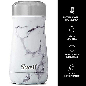 S'well Stainless Steel Traveler-Triple-Layered Vacuum-Insulated Containers Keeps Drinks Cold for 21 Hours and Hot for 9-with No Condensation-BPA Free Water Bottle, 1 Count (Pack of 1), White Marble