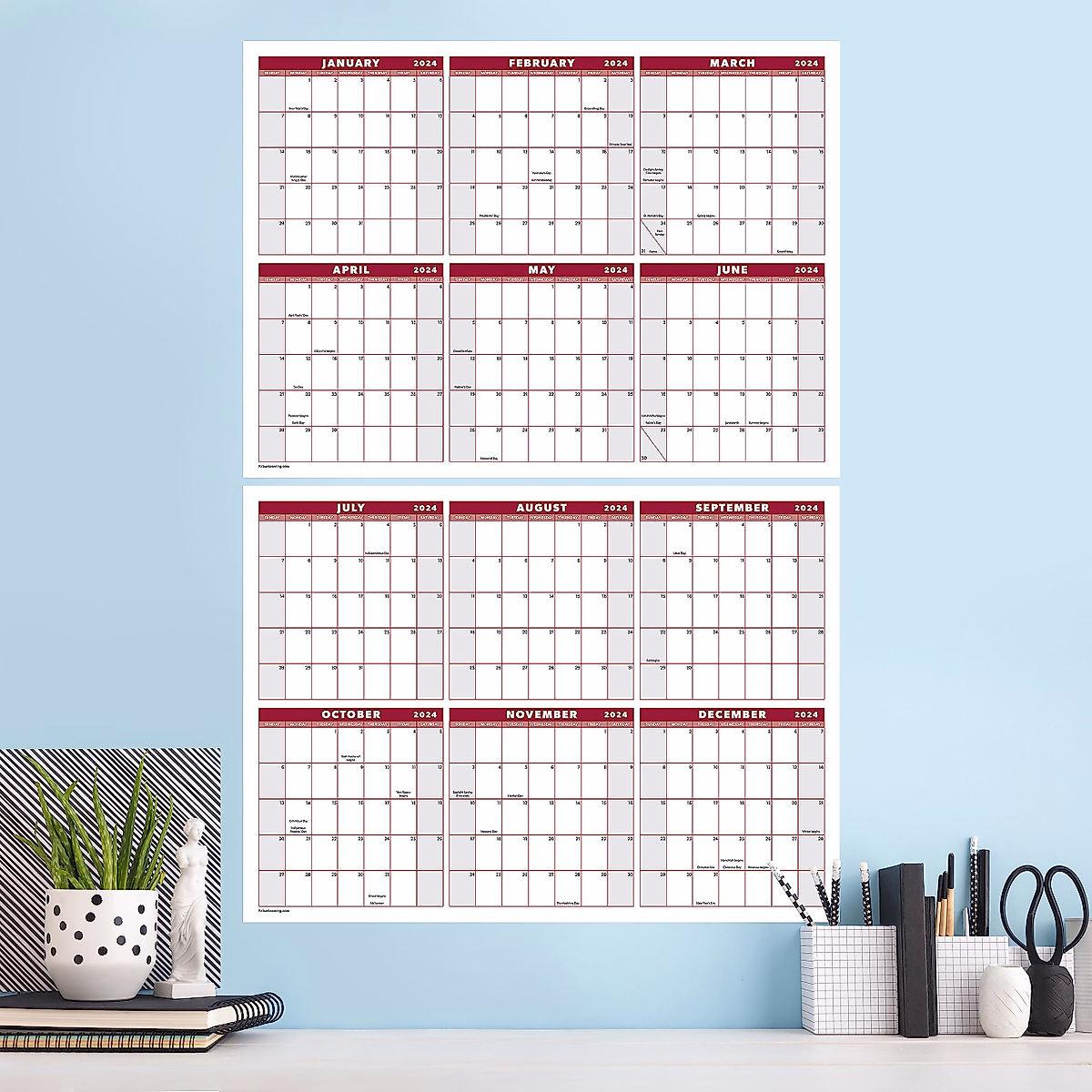 Large 24" x 36" 2024 Dry Erase Wall Calendar - Wet & Dry Erasable 12 Month Annual Yearly Wall Planner - Horizontal/Vertical, Reversible (Red, Laminated, 2024) - Two Piece Design