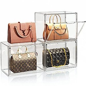 Clear Purse Storage Organizer for Closet, 3Packs Handbag Storage Organizer, Acrylic Display Case for Purse/Handbag, Stackable Bag Organizer with Magnetic Door for Wallet, Clutch, Hats, Toys, Books