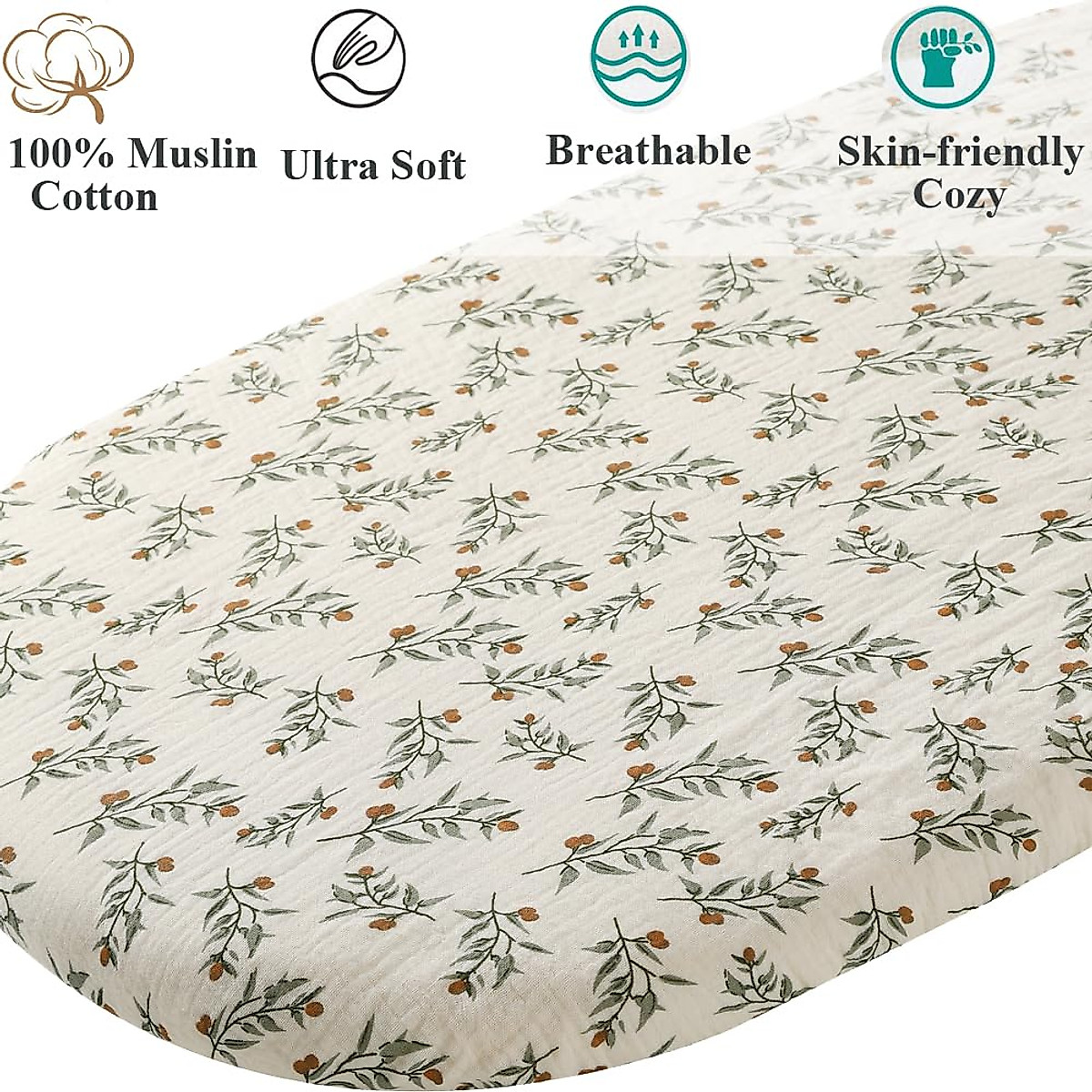 Muslin Bassinet Sheet Compatible with Dream On Me Karley (Plus Portable) Bassinet, Chicco LullaGo Portable, ANGELBLISS 3 in 1 Rocking Bassinet, 2 Pack Cotton Fitted Sheets Roman Green & Botanical Leaf